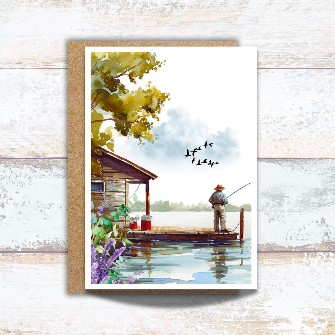 Fisherman Greeting Card, Watercolor Fisherman on a Dock Writing Card ...