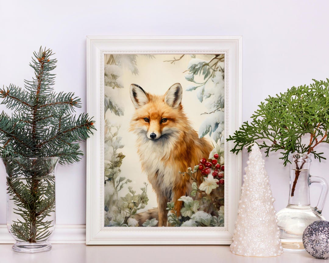 Vintage Fox Winter Wall Art Print, Christmas Watercolor Fox Wall Decor ...