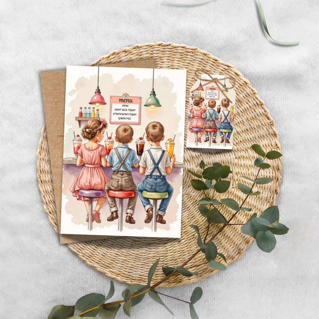 Retro Soda Fountain Card: Vintage Ice Cream Shop Watercolor Greeting - Etsy