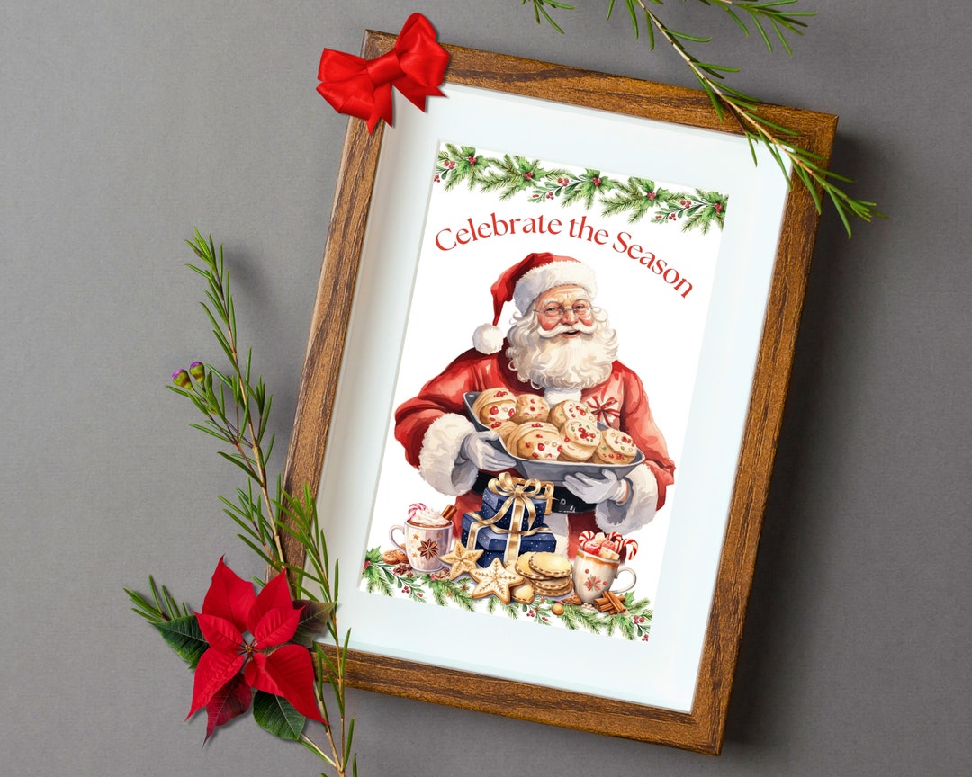 Santa and Cookies Celebrate the Season Christmas Art Print, Holiday ...