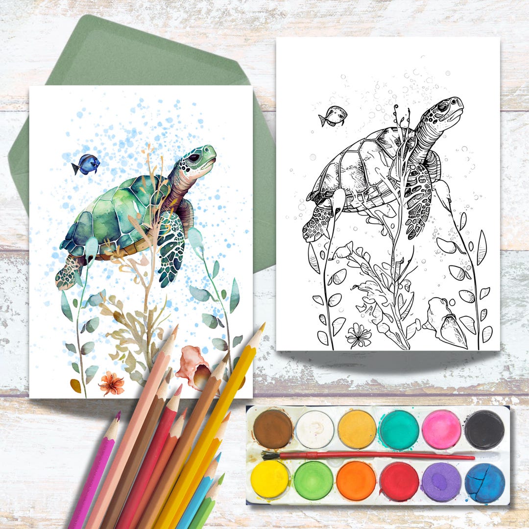 Paintable Sea Turtle Cards for Watercolors Markers Crayons and Pencils ...