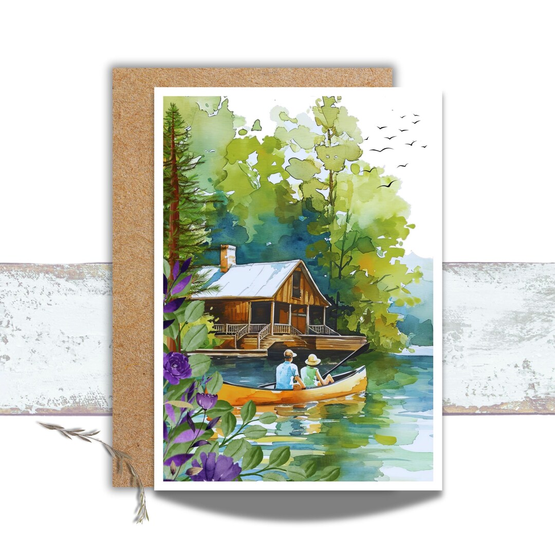 Canoeing on a Forest Lake Watercolor Greeting Card, Couple Boating on a ...