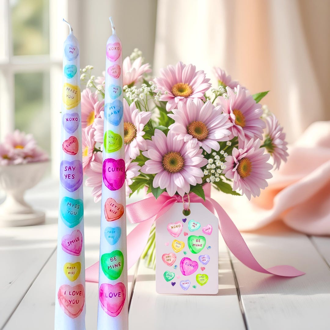 Candy Hearts Taper Candle Set: Colorful Valentine Candlesticks for ...
