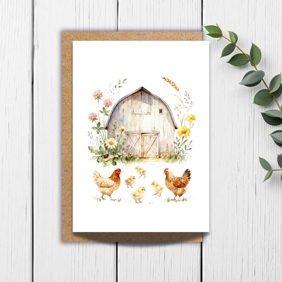 Cottagecore Barn and Chickens Greeting Card: Farmhouse Note Card - Etsy