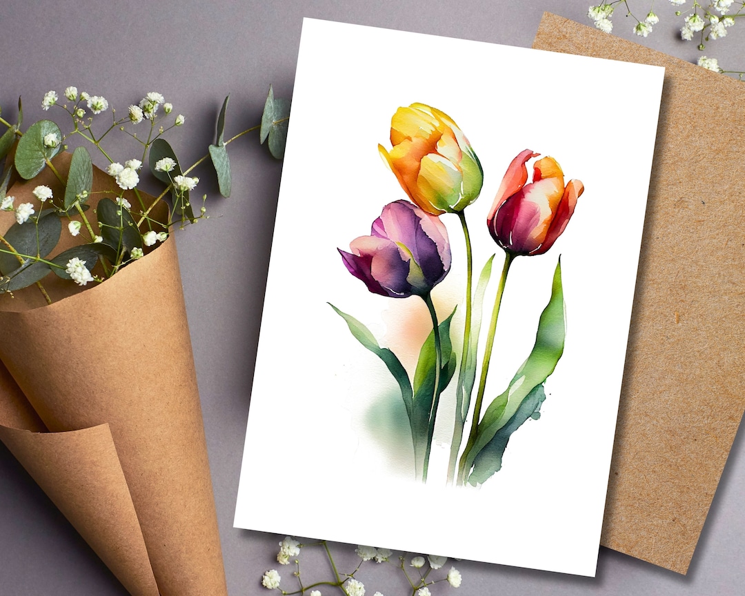 Tulip Greeting Card, Watercolor Tulips Stationery, Floral Note Cards ...