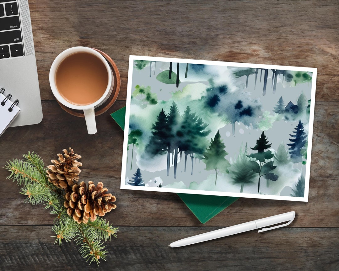 Misty Pine Trees Watercolor Greeting Card, Pine Forest Writing Cards ...