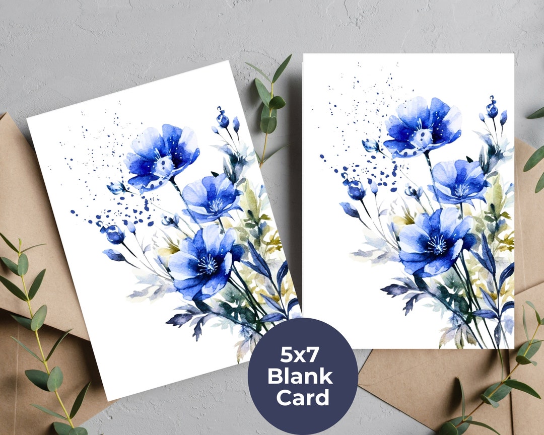 Blue Floral Greeting Card, Watercolor Floral Stationery, Pretty ...