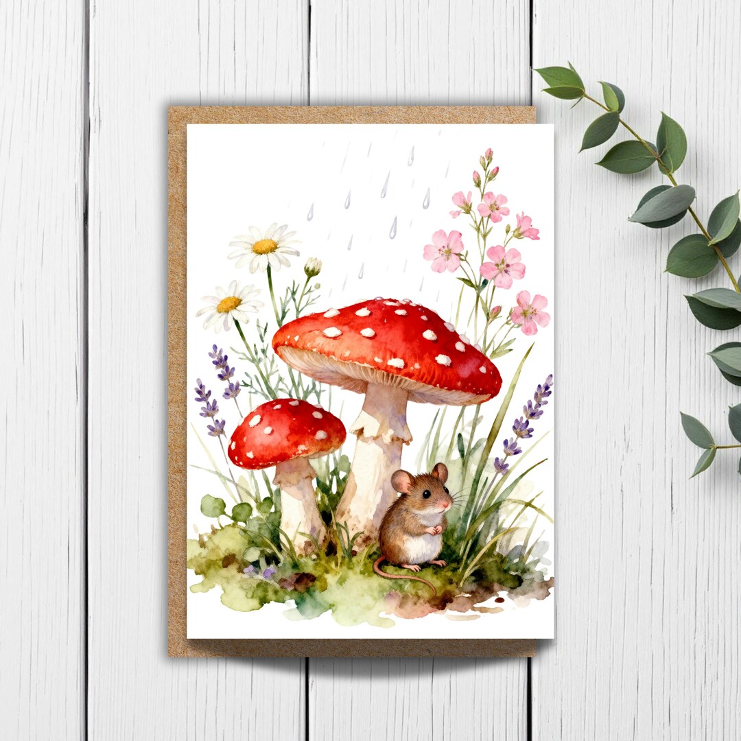 Rainy Mushroom Woodland Card: Mouse Under Red Toadstools, Cottagecore ...