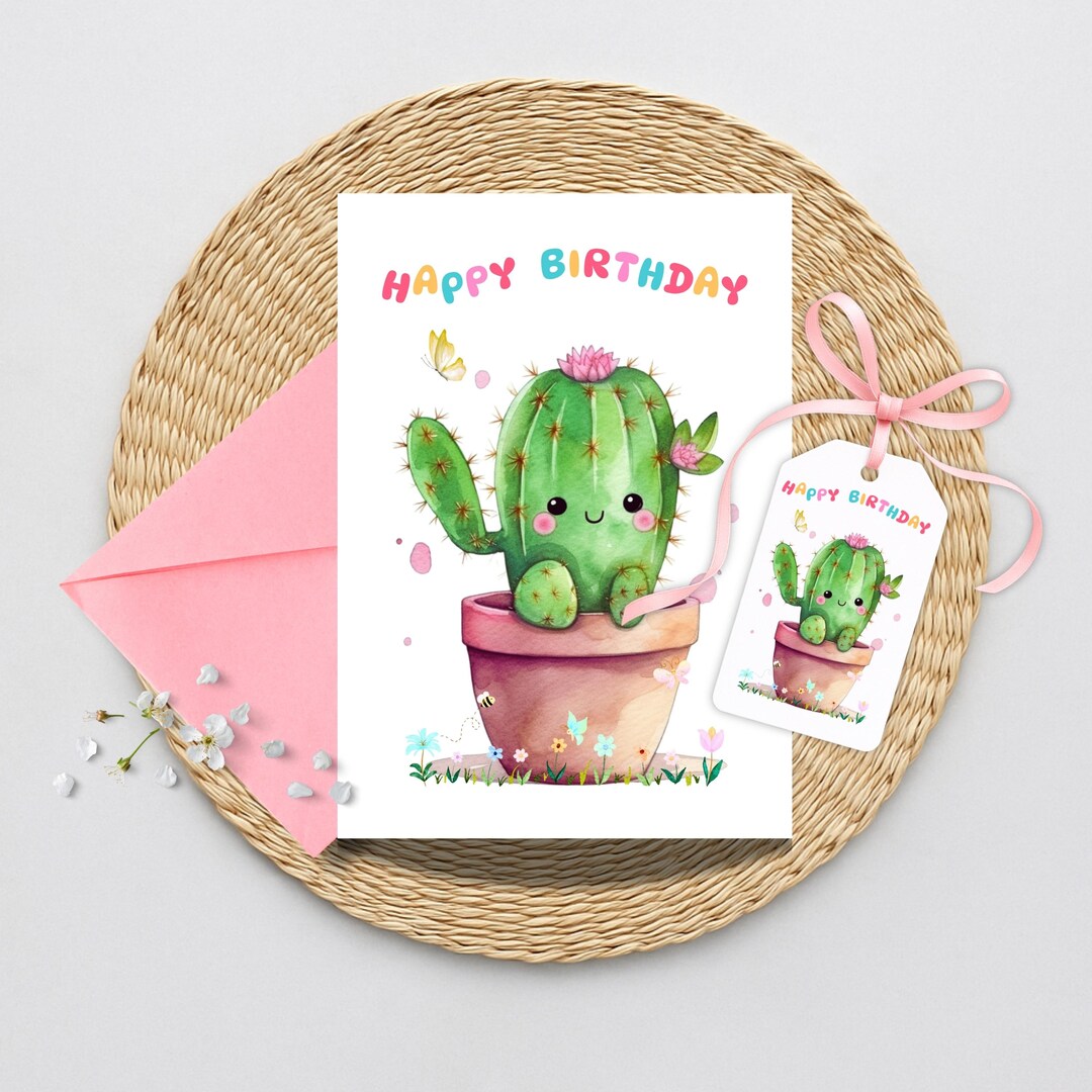 Succulent Happy Birthday Greeting Card, Cute Watercolor Succulent ...