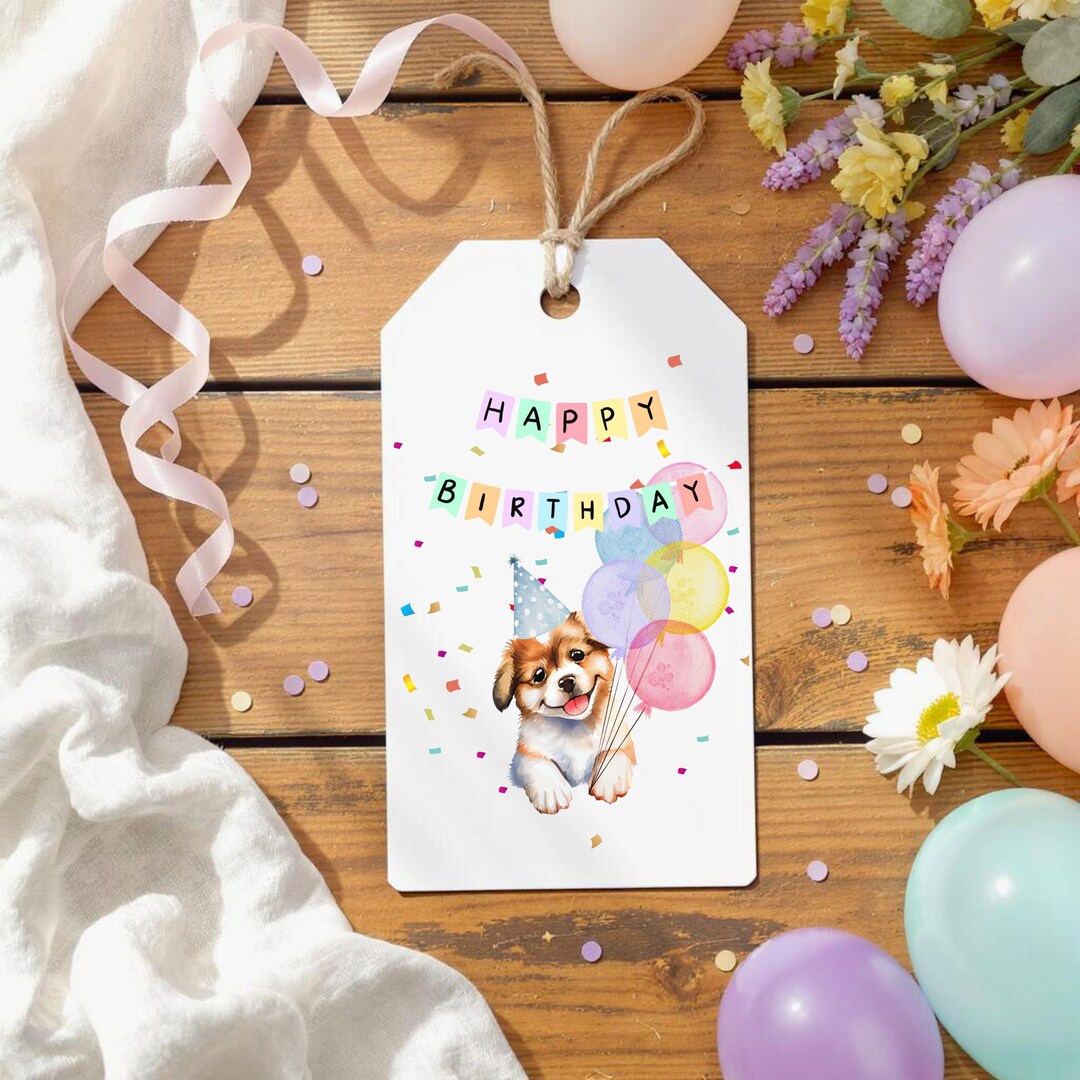 Puppy Birthday Gift Tag, Printable Party Favor Tag With Balloons and ...