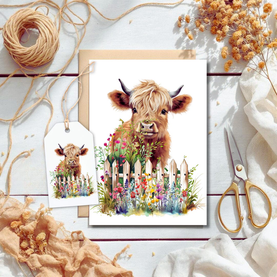 Highland Cow Greeting Card, Watercolor Highland Cow Note Card, Farm ...