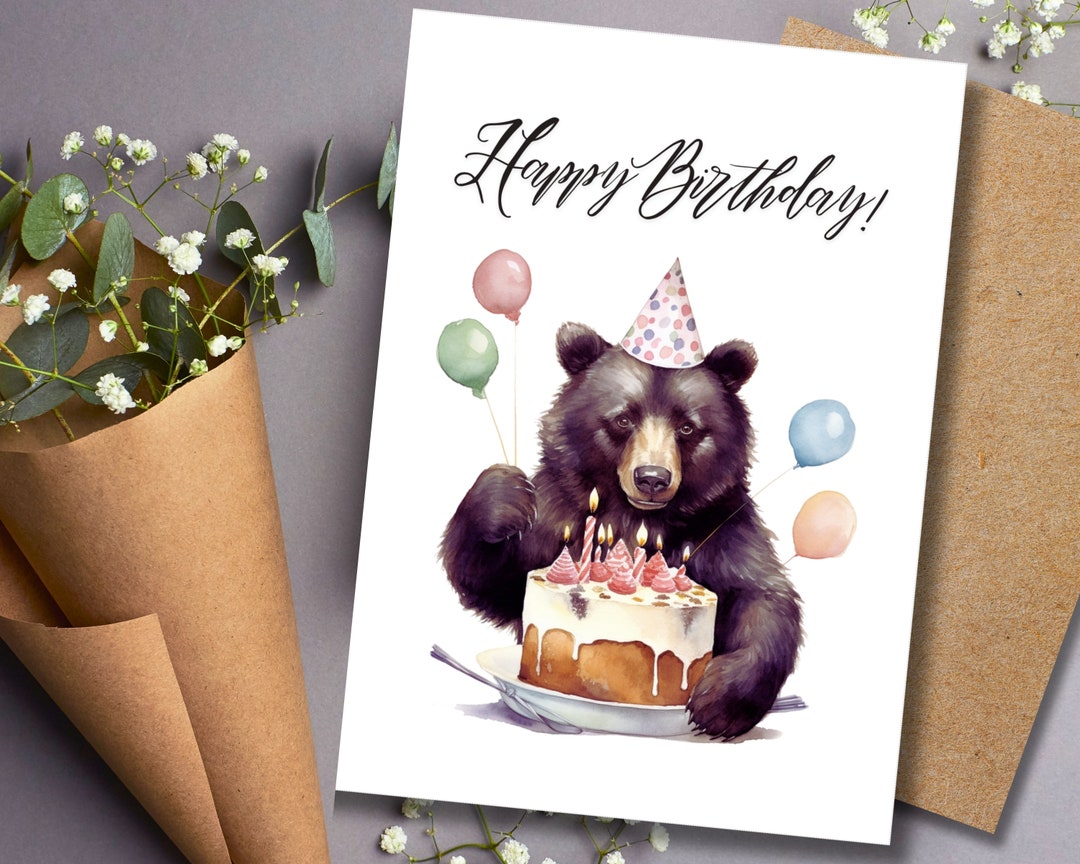 Black Bear Birthday Card, Watercolor Bear Birthday Greeting, Funny Bear ...