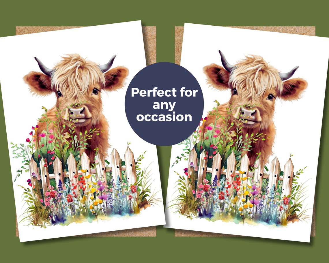 Highland Cow Greeting Card, Watercolor Highland Cow Note Card, Farm ...