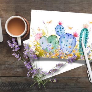 Succulent Garden Watercolor Greeting Card, Barrel Cactus Writing Cards ...