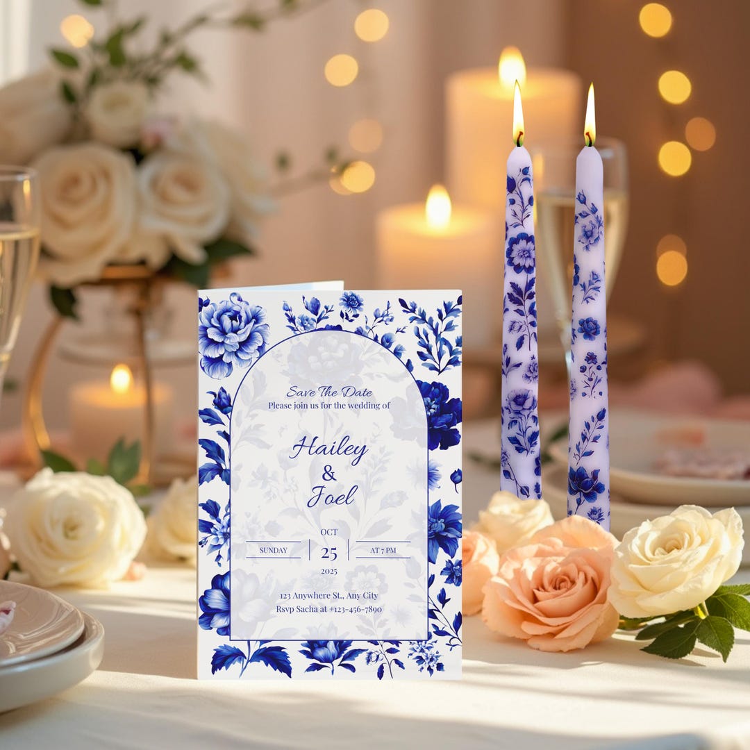Blue Floral Chinoiserie Taper Candles for Wedding Décor, Elegant Blue ...