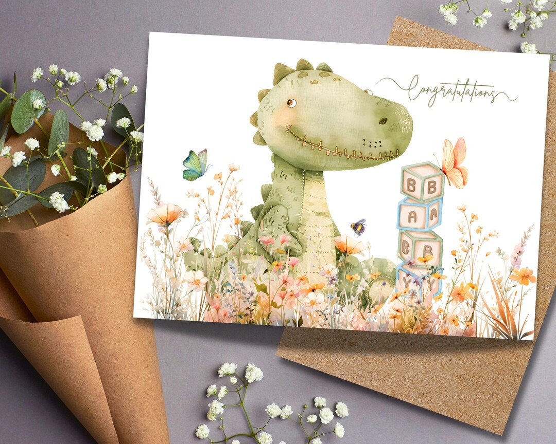 Congratulations on New Baby Dinosaur Greeting Card, Watercolor Dinosaur ...