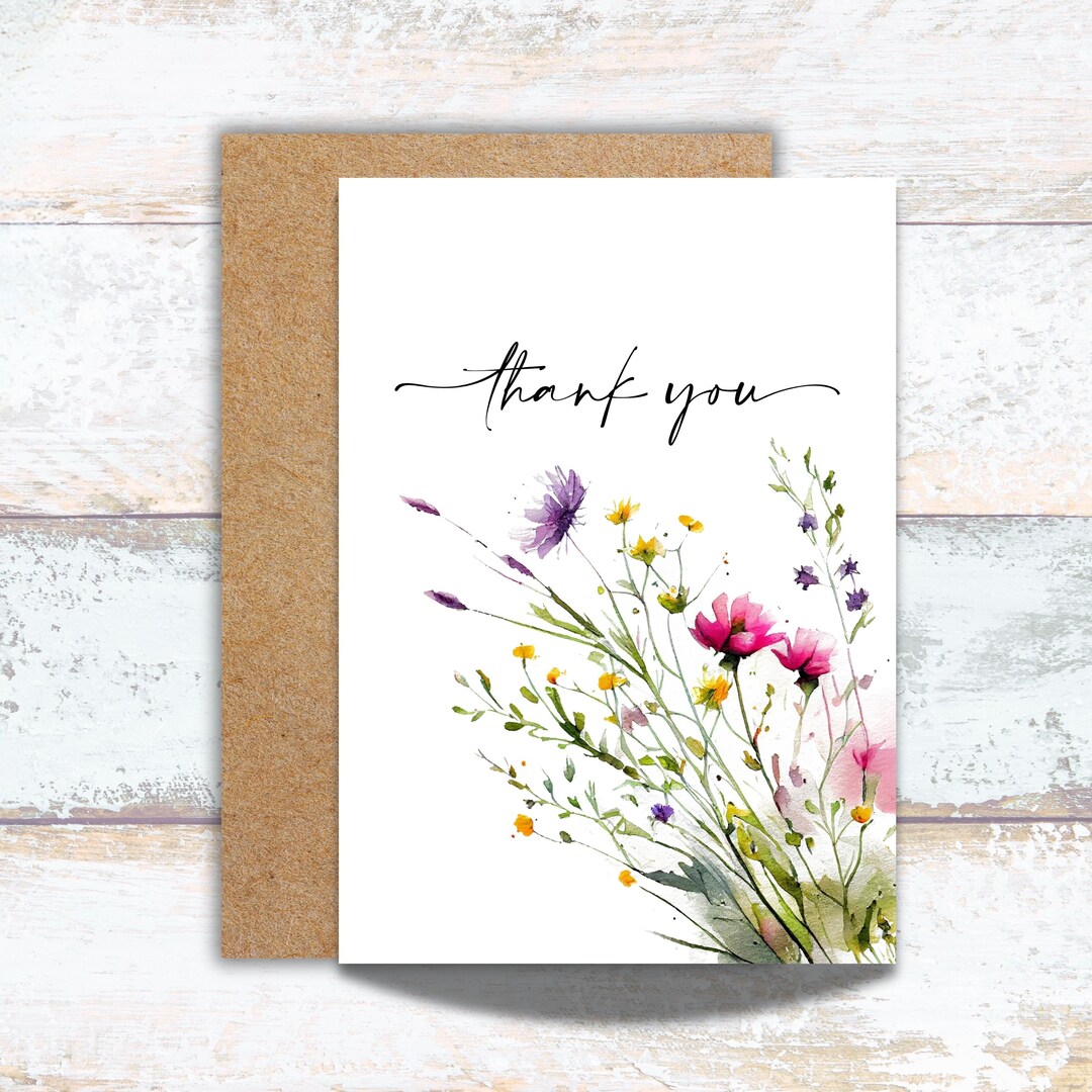 Wildflowers Thank You Card, Pink Floral Thank You Stationery ...