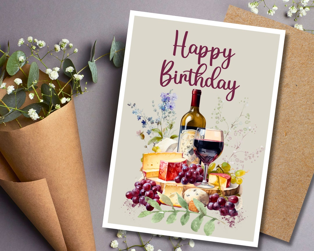 Wine and Cheese Birthday Greeting Card, Watercolor Wine Bottle, Gourmet ...