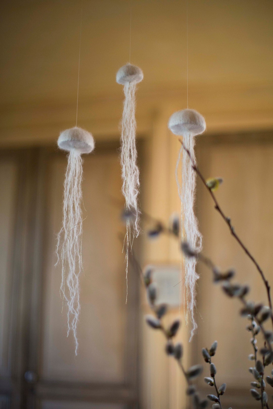 Mobile Jellyfish in Wool and Gold Thread - Etsy