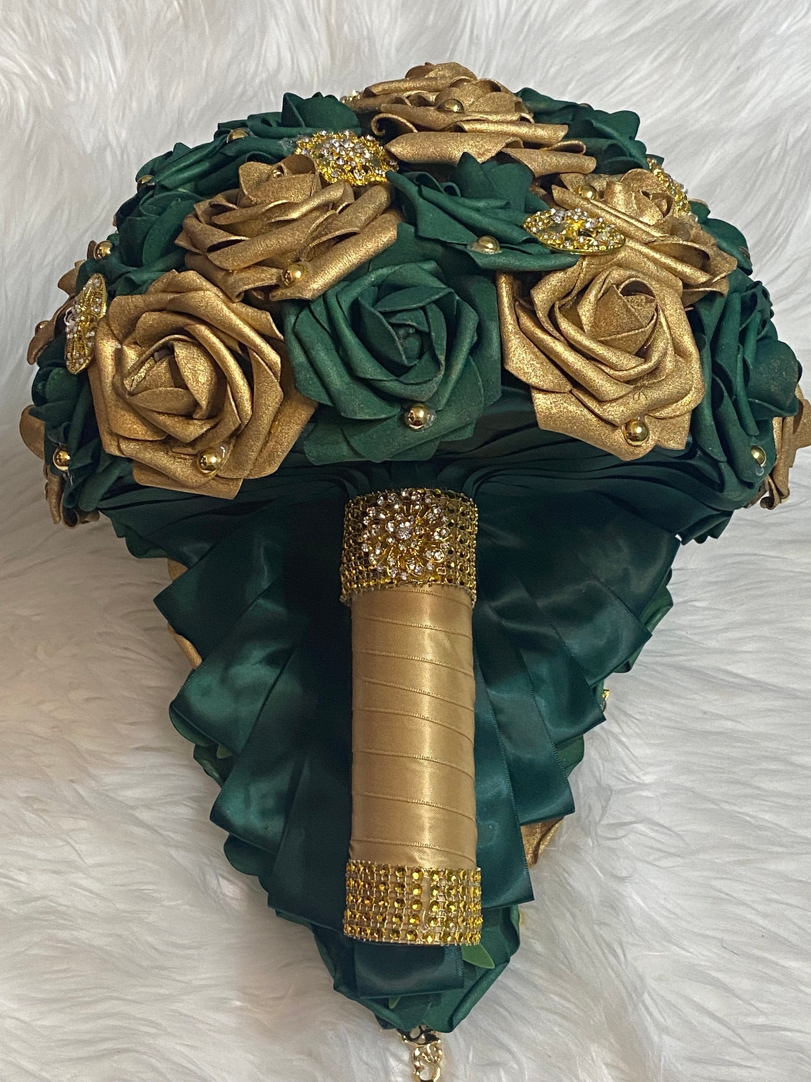 Cascade Brooch Bridal Bling Bouquet- Hunter Green With Gold Bling - Etsy