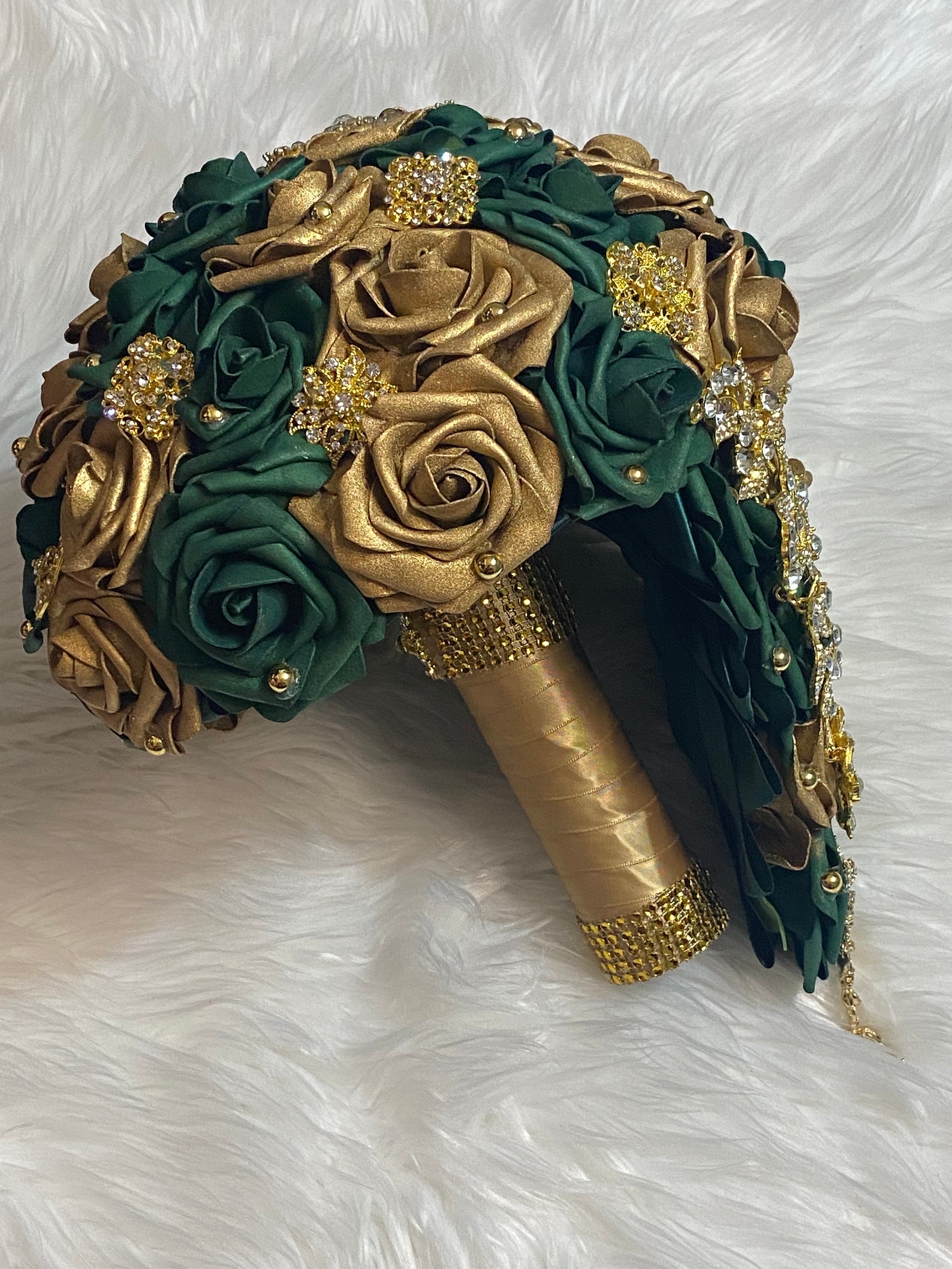 Cascade Brooch Bridal Bling Bouquet- Hunter Green With Gold Bling - Etsy