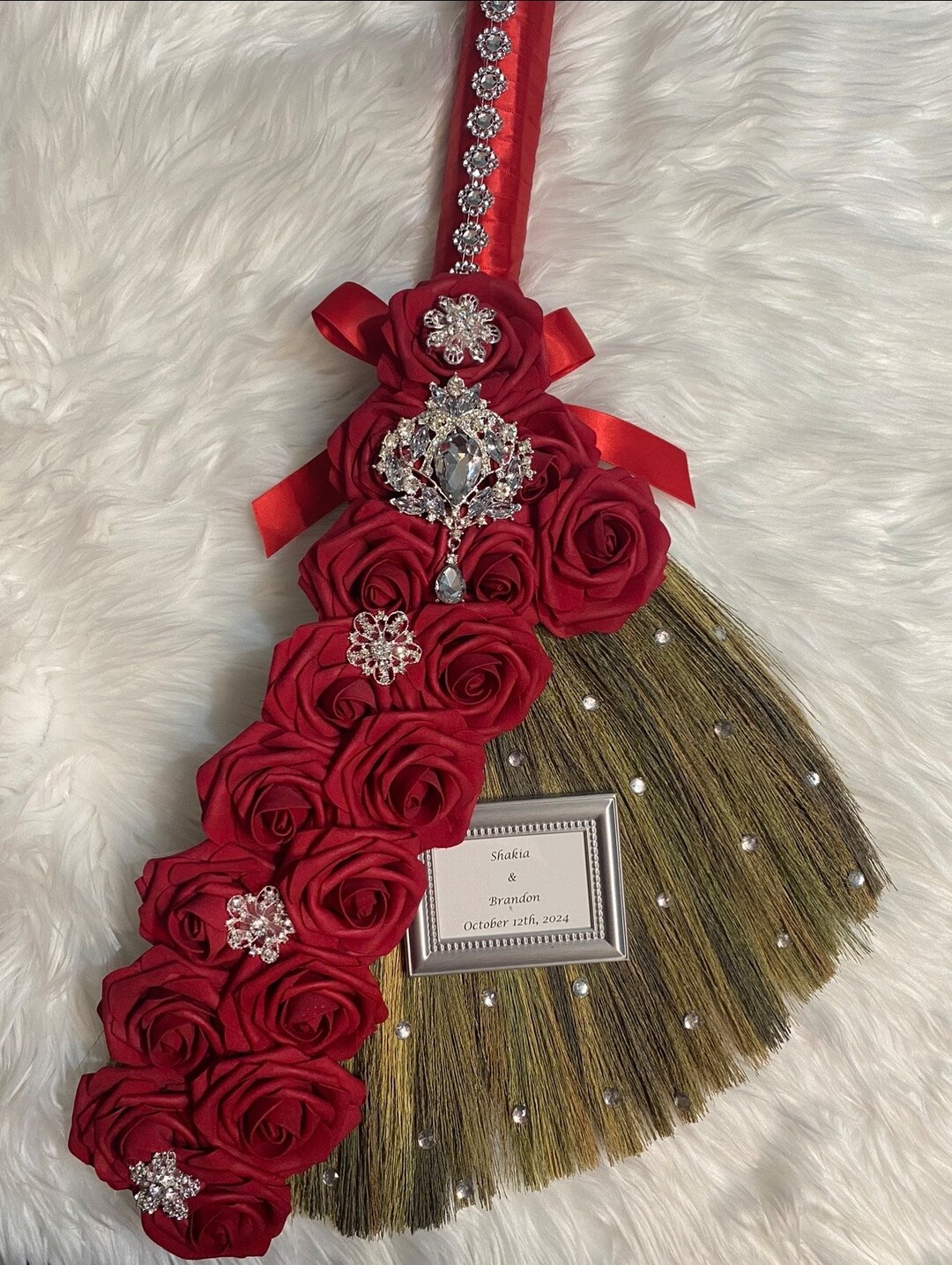 Personalized Wedding Broom - (large) Red With Silver Brooches- for Jump ...