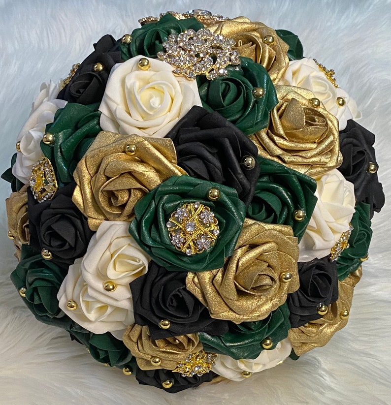 Hunter Green/black/gold Bridal Brooch Bouquet - Real Touch Artificial ...