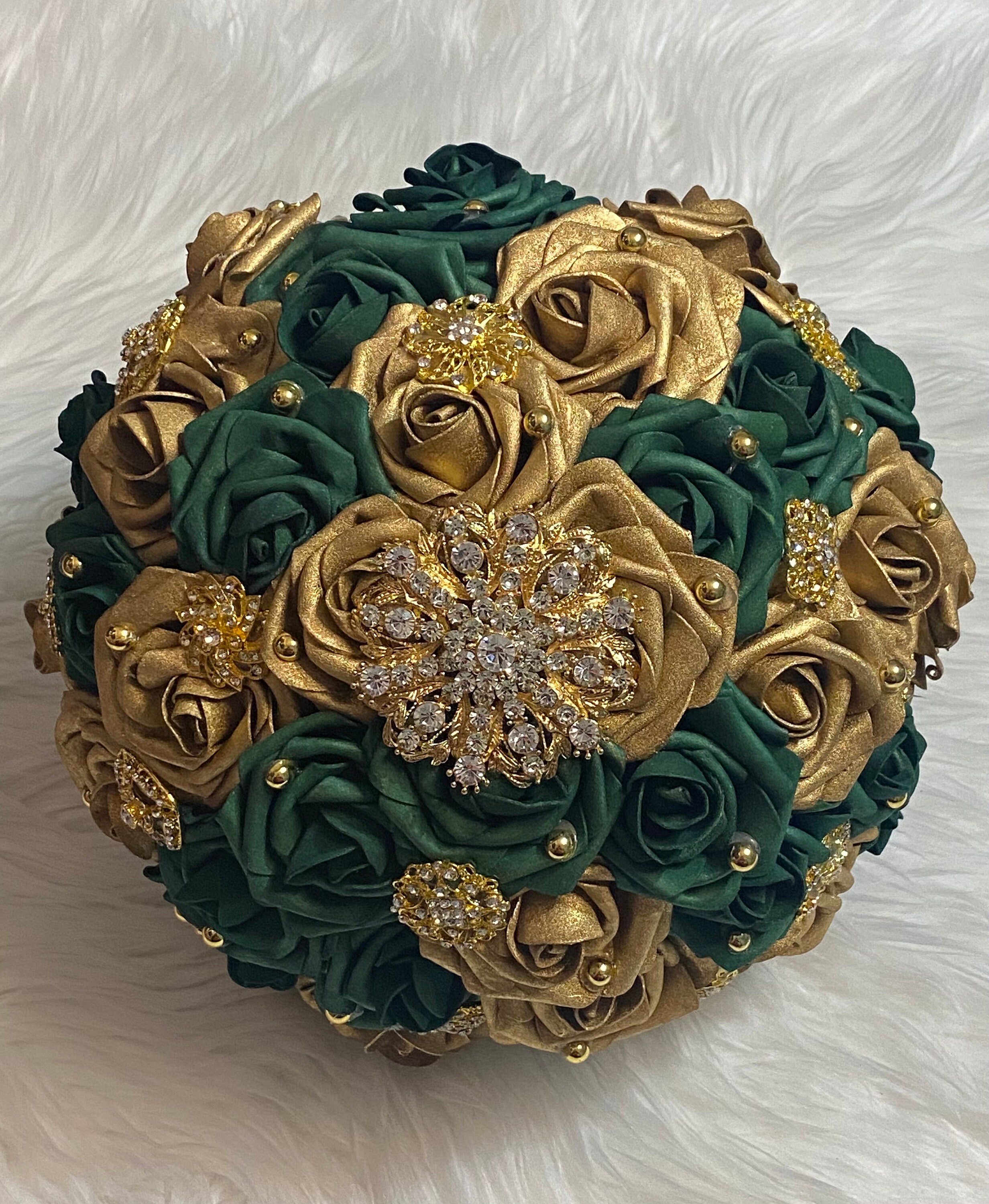 Cascade Brooch Bridal Bling Bouquet- Hunter Green With Gold Bling - Etsy