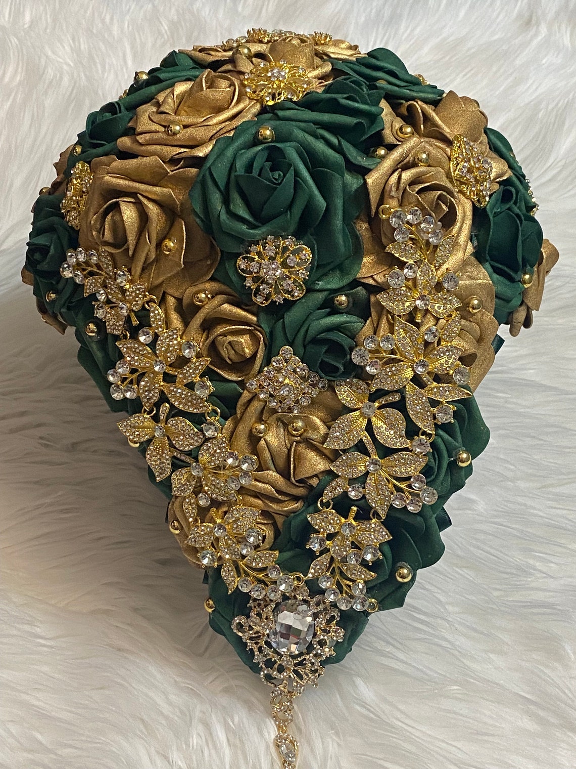 Cascade Brooch Bridal Bling Bouquet- Hunter Green With Gold Bling - Etsy
