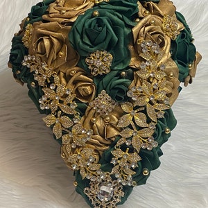 Cascade Brooch Bridal Bling Bouquet- Hunter Green With Gold Bling - Etsy