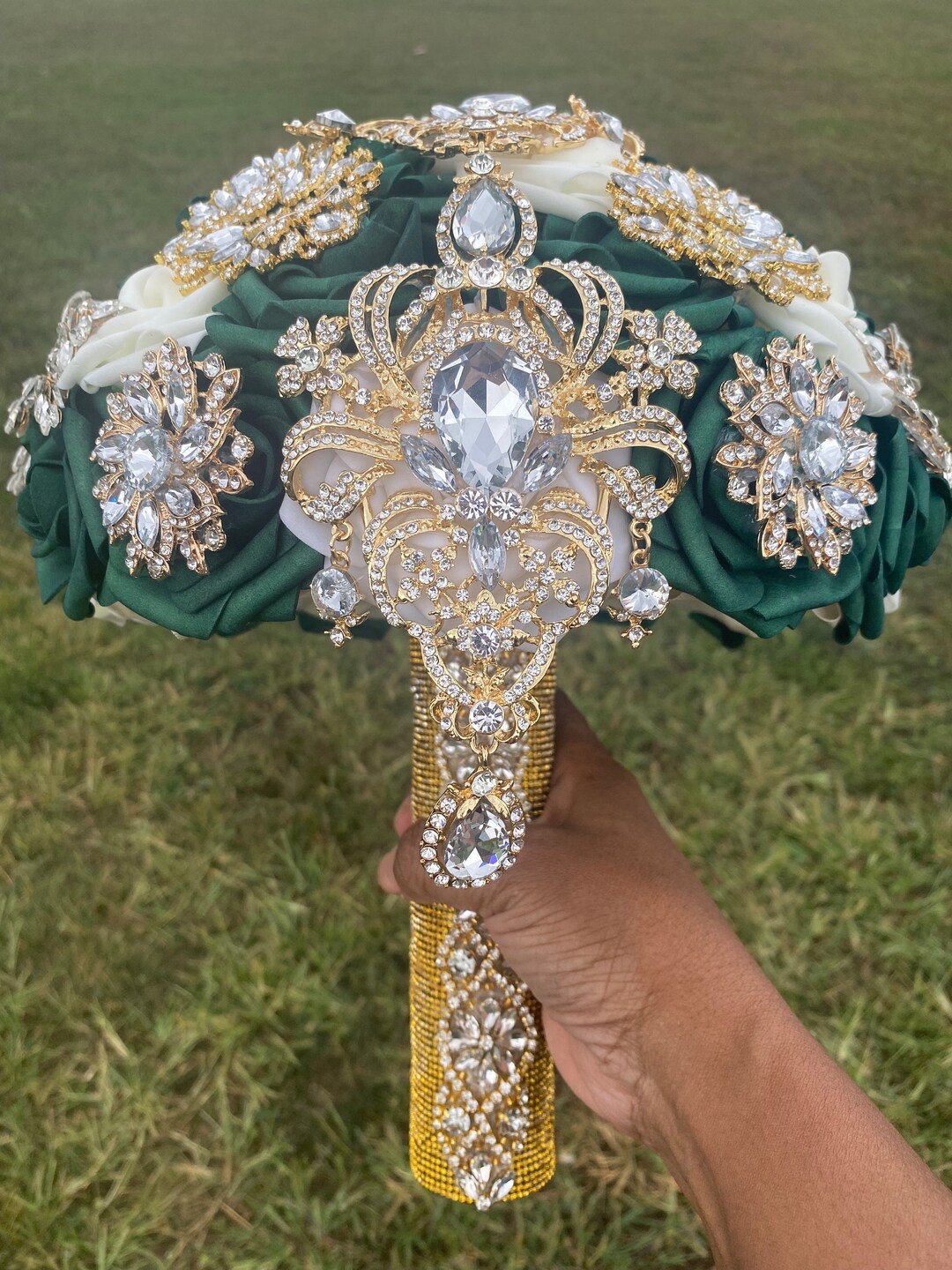 Luxurious Bling Bouquet - Hunter Green/ivory With Gold Bling - Etsy