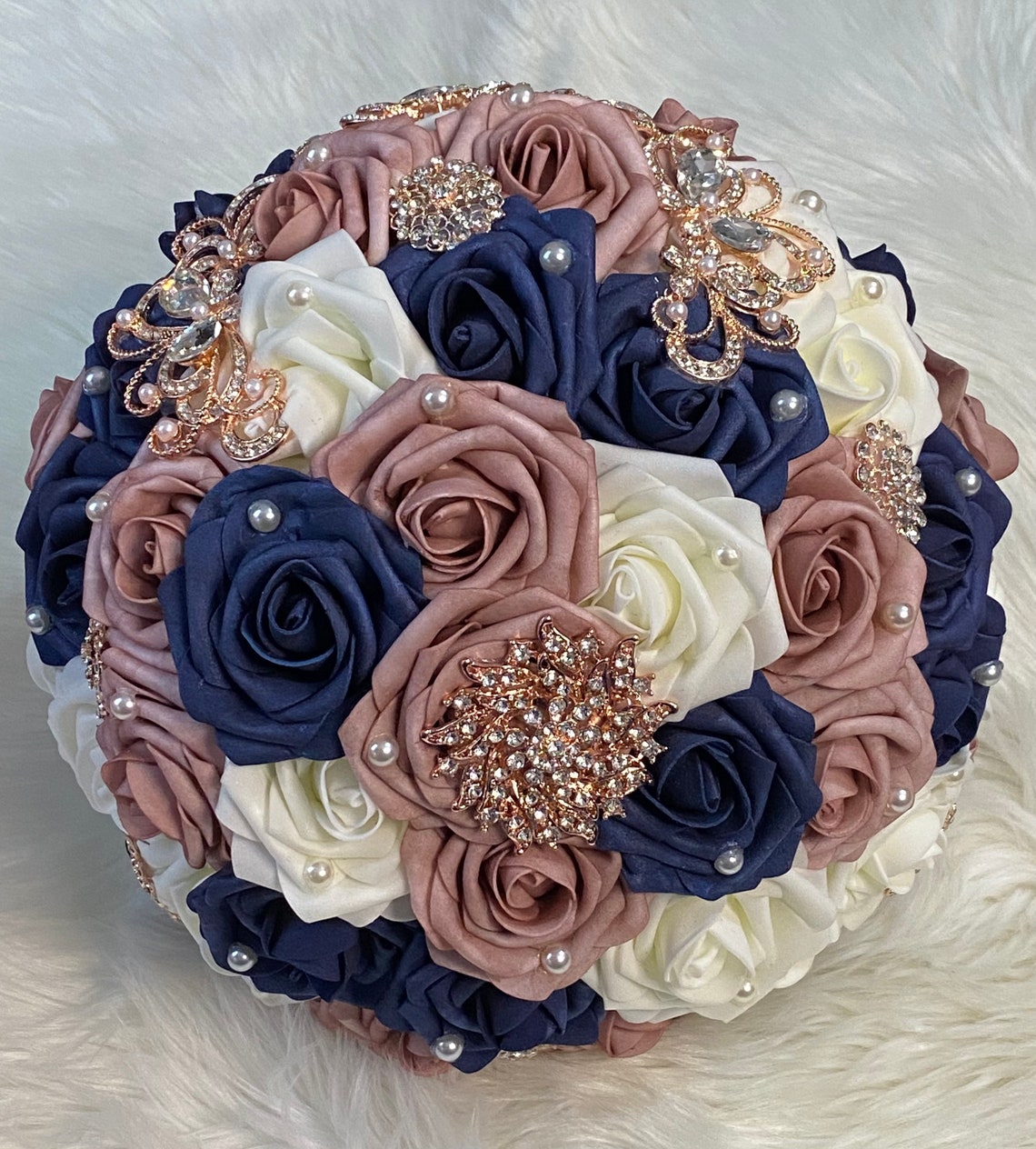 Rose Gold/navy Blue/ivory Bridal Brooch Bouquet - Real Touch Artificial ...