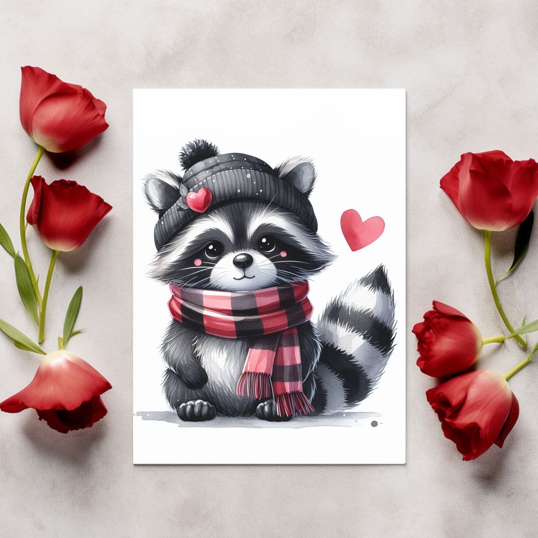 Water Color Raccoon Valentines Day Greeting Card Set, Card Gift Set ...