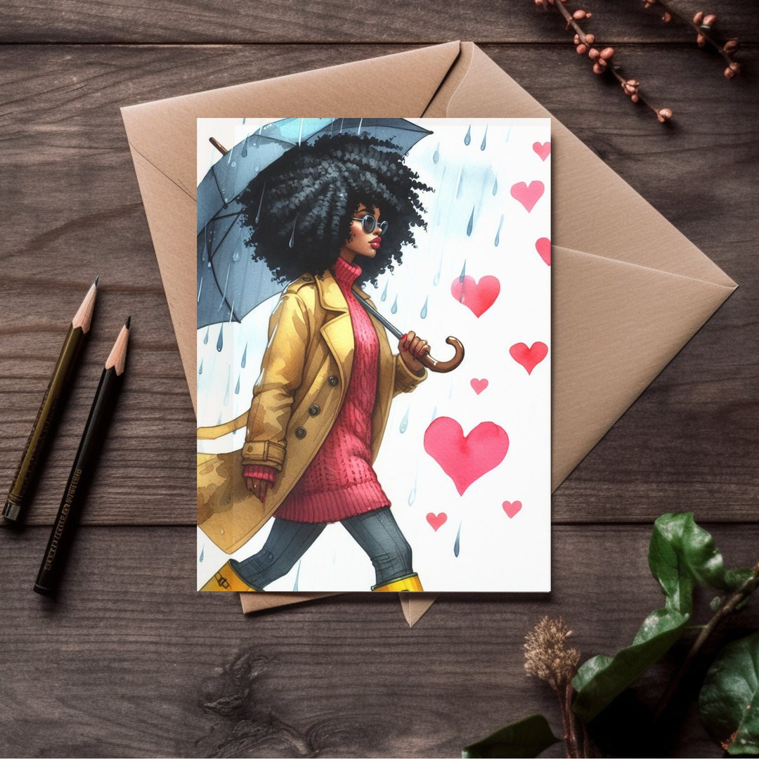 African American Woman Greeting Card, Joyful Rainy Day Card, Handmade ...