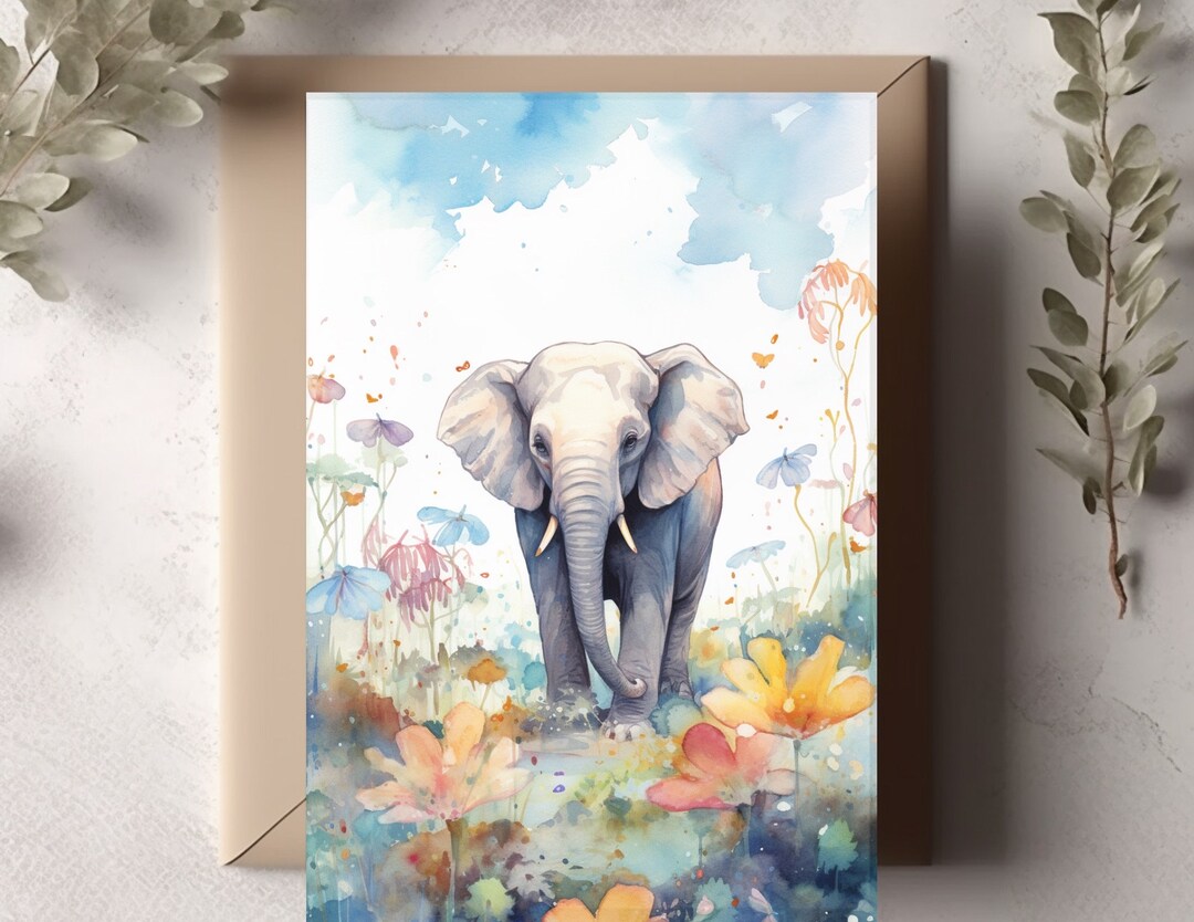 Watercolor Elephant Notecards, Floral Theme, Blank Cards, Set of 9 - Etsy