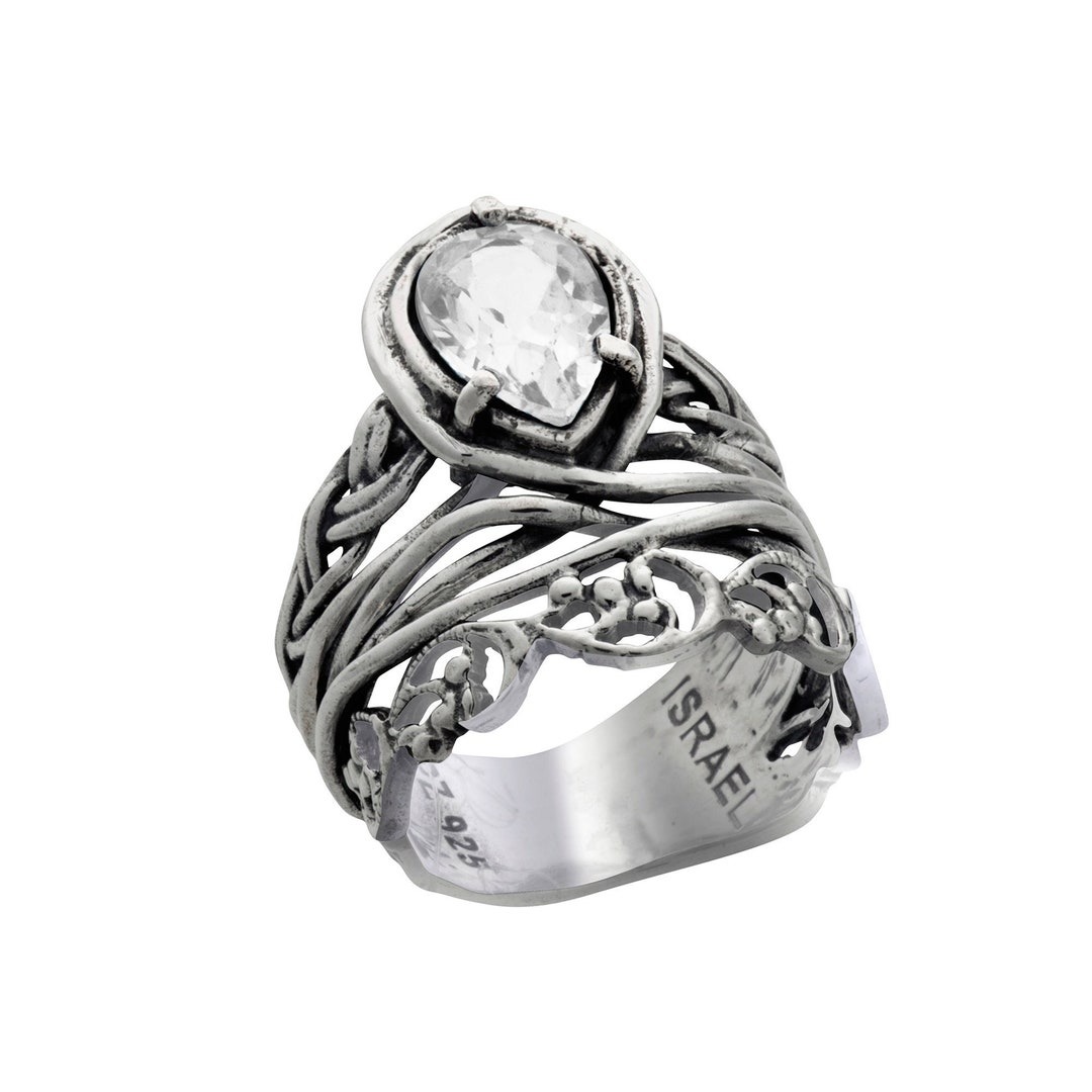CZ Ring, White Gemstone Ring, Filigree Ring, Statement Ring, Pear Gem ...