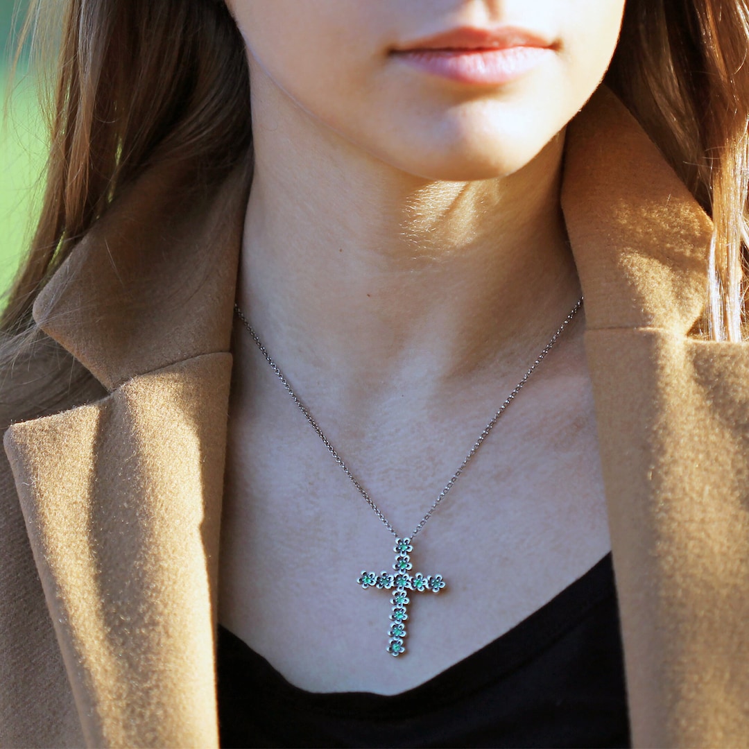 Sterling Silver Gemstone Flower Cross Necklace, Boho Religious Jewelry ...