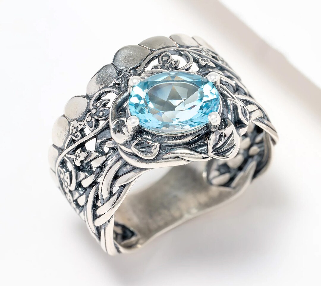 Blue Gem Ring, Filigree Ring, Oval Gem Ring, Wire Ring, Boho Silver ...