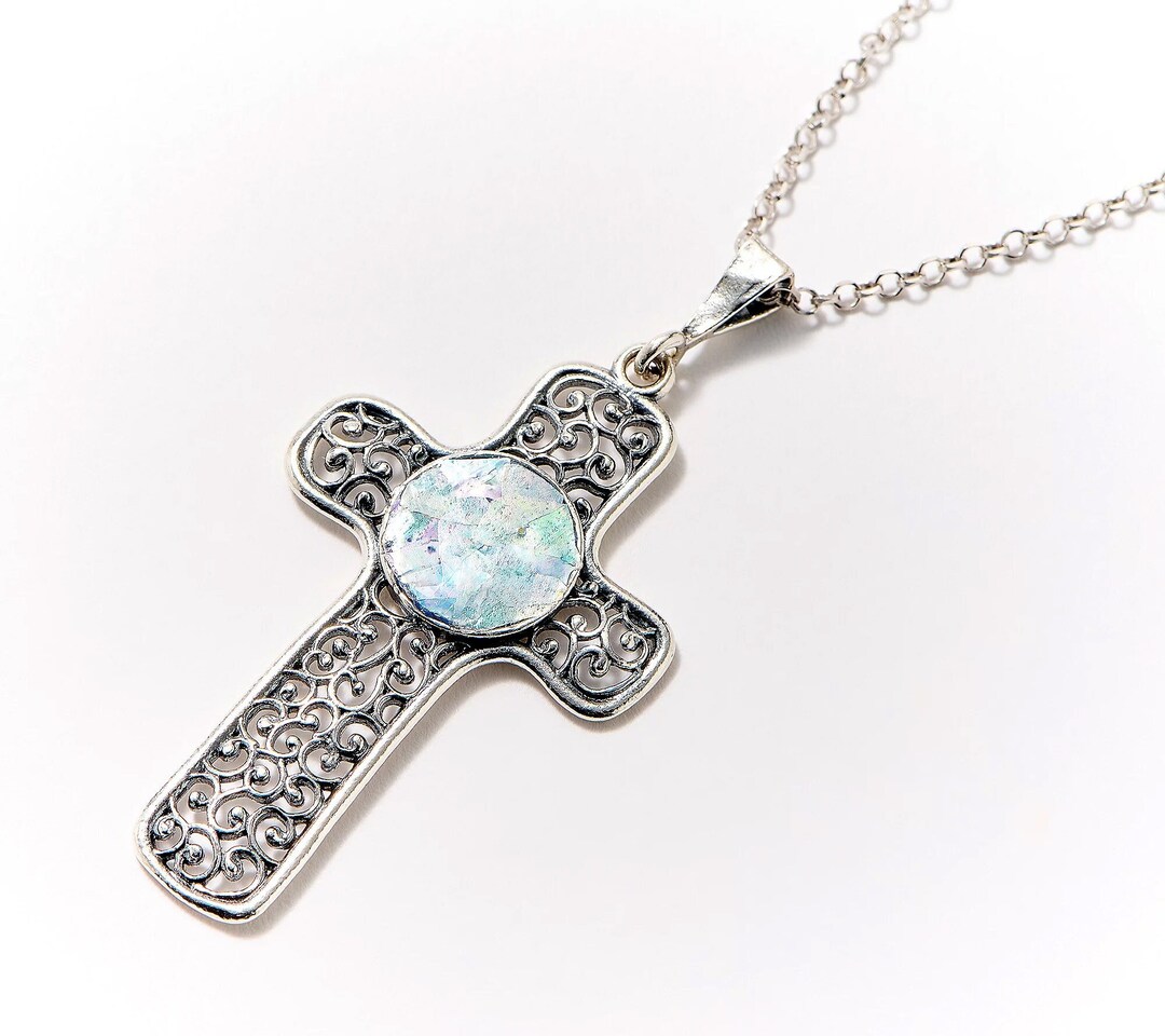 Sterling Silver Filigree Cross Necklace: Ancient Roman Glass Boho ...