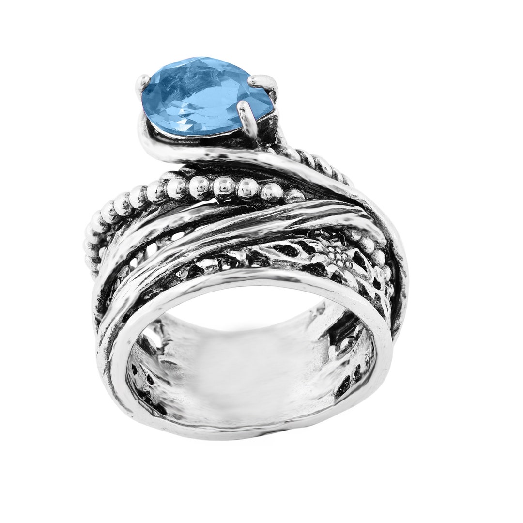 Silver Blue Ring, Wrap Ring, Blue Topaz Ring, Filigree Ring, Pear Gem ...