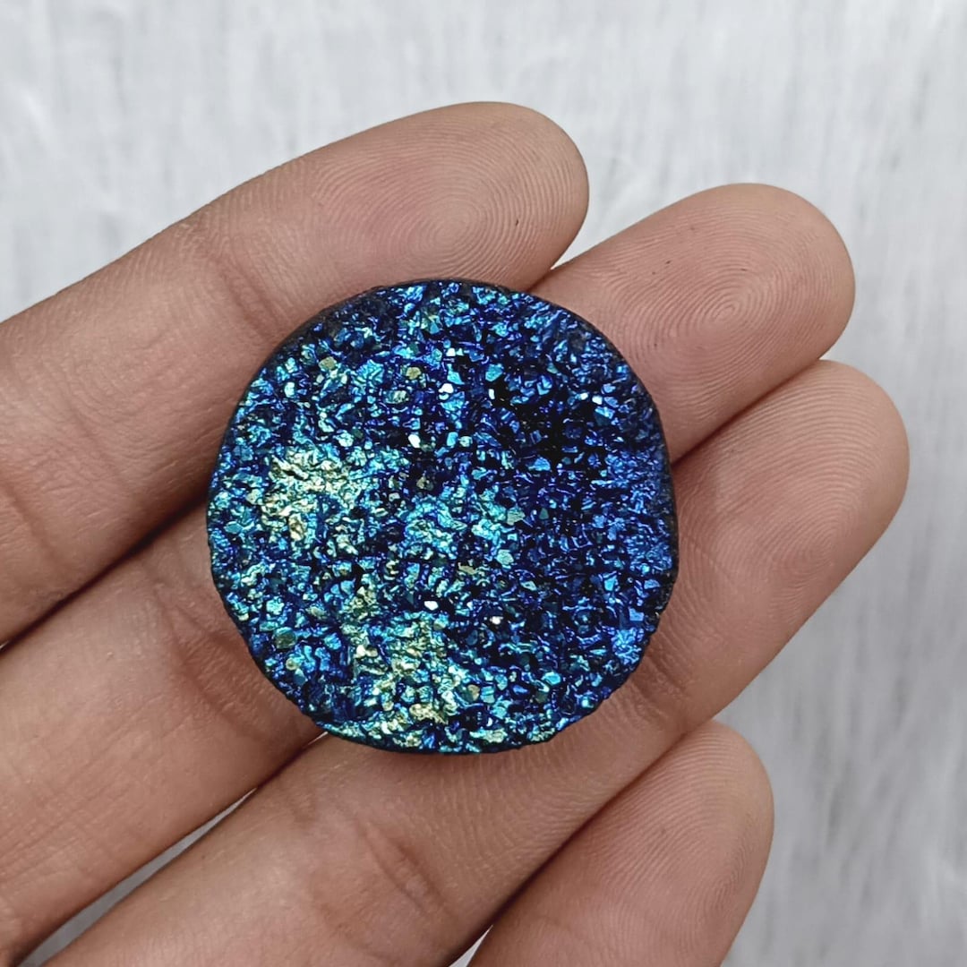 2 Pes Natural Titanium Blue Druzy Round Shape Free Size Gemstone 76 Ct ...
