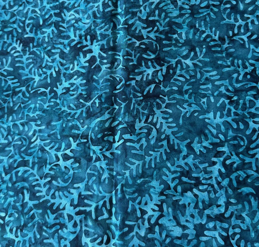 3 YARDS Java Batik Dark Teal Leaf Branch Floral Marbled Watercolors ...