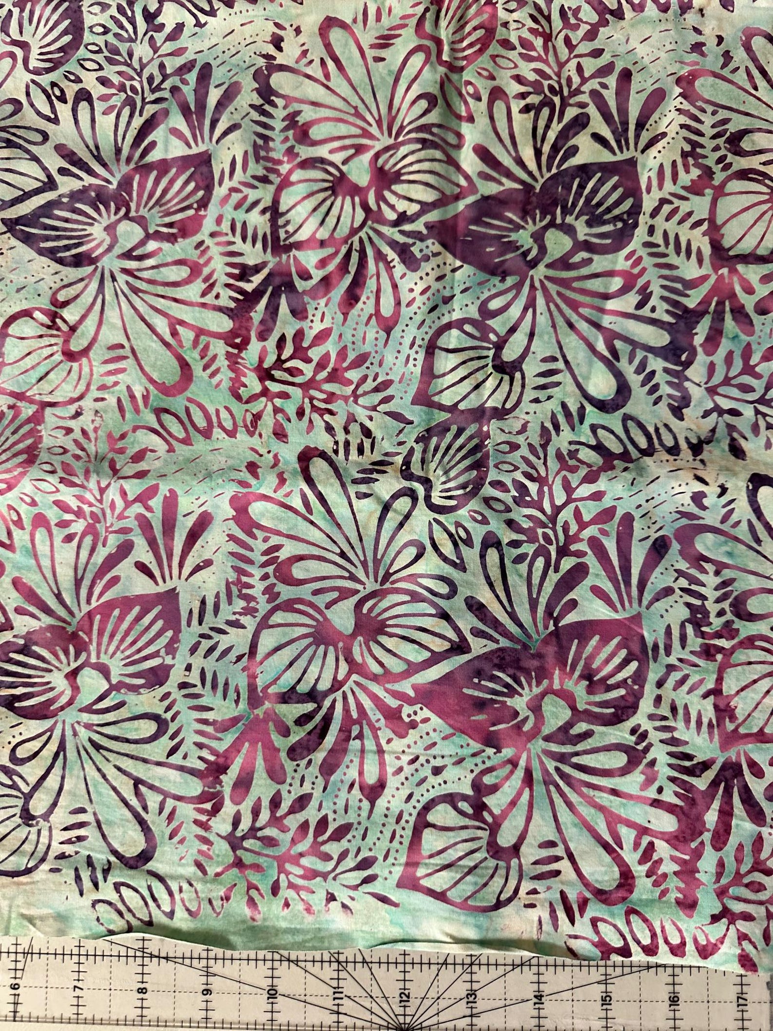 3 YARDS Java Batik Green Pink Purple Floral Marbled Watercolors Batik ...