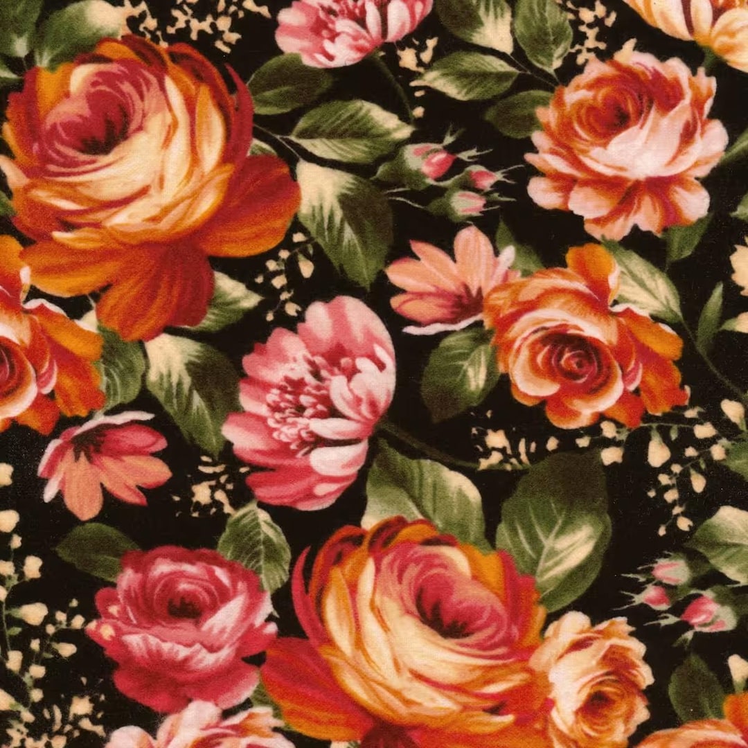 4 YARDS Maywood Harvest Rose Woolies Flannel Floral All Over Black Pink ...