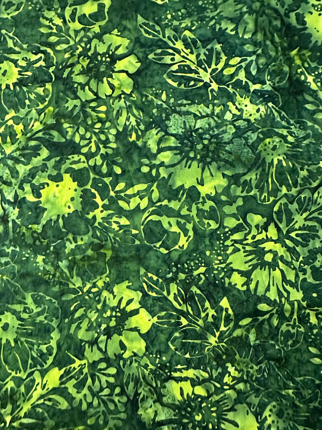 4 YARDS Java Batik Dark Green Leaf Leafy Floral Marbled Watercolors ...