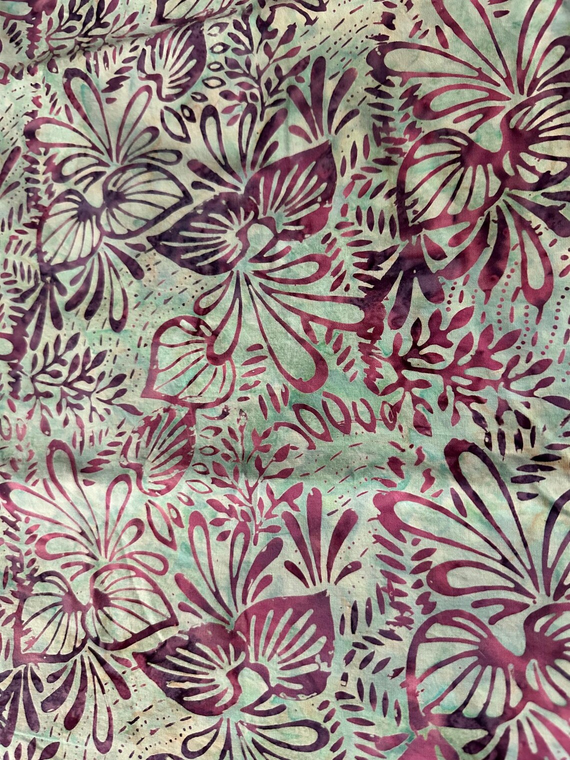 3 YARDS Java Batik Green Pink Purple Floral Marbled Watercolors Batik ...