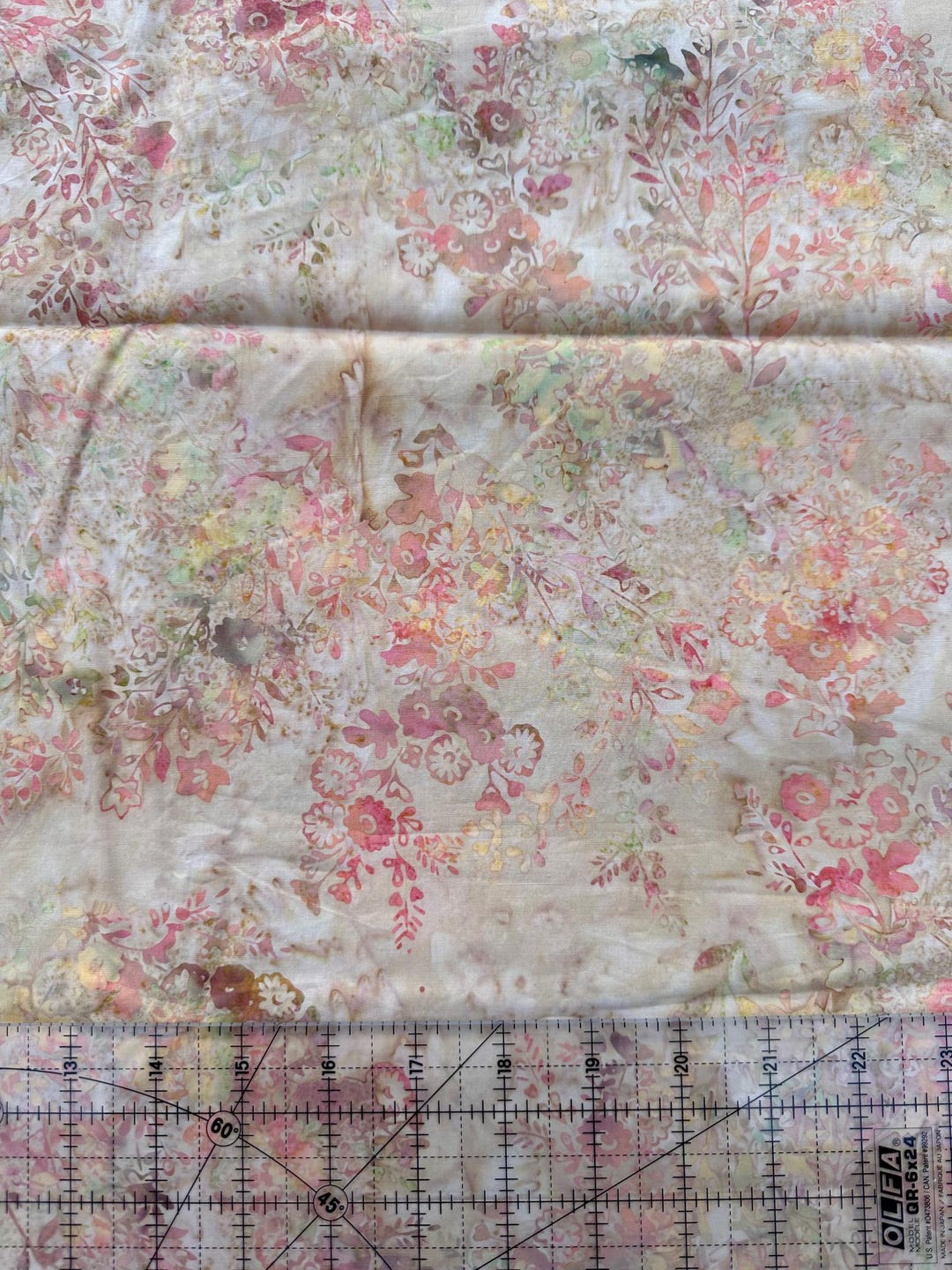 3 YARDS Java Batik Beige Yellow Pink Floral Marbled Watercolors Batik ...