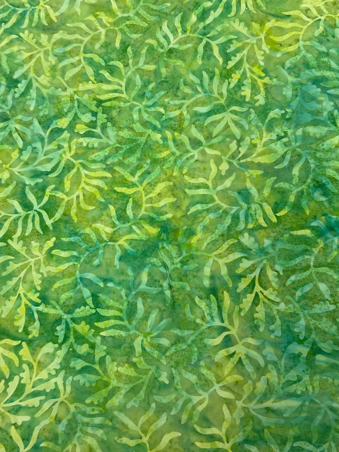 4 YARDS Java Batik Medium Yellow Green Leaf Leafy Marbled Watercolors ...