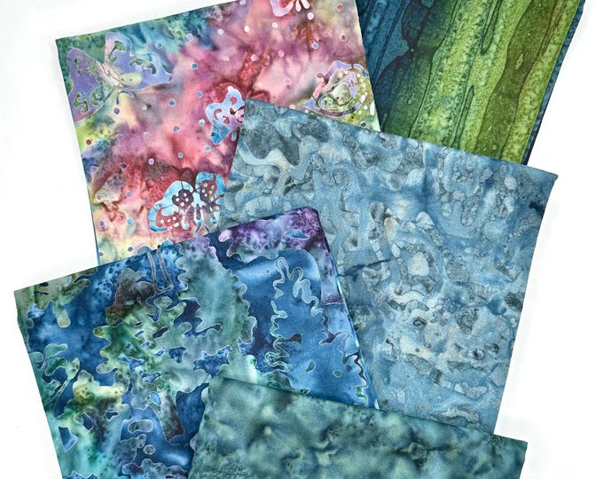 5 HALF YARDS Batik Medium Bright Blue Green Pink Marbled Watercolors ...