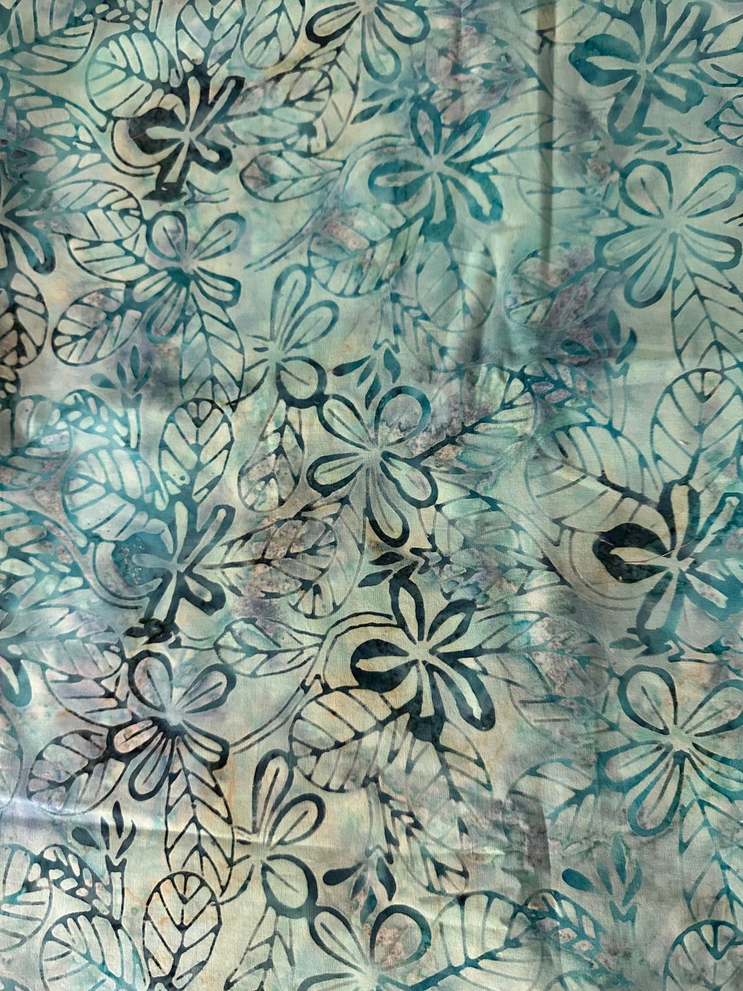 2 YARDS Java Batik Turquoise Blue Green Floral Marbled Watercolors ...